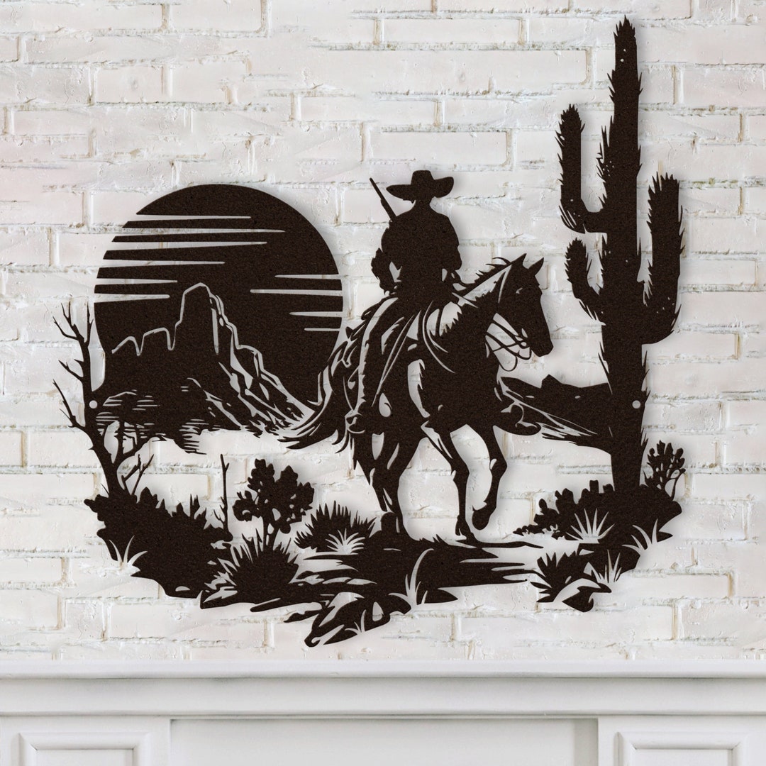 Cowboy Metal Wall Art, Western Wall Hanging, Desert Scene Metal Sign ...