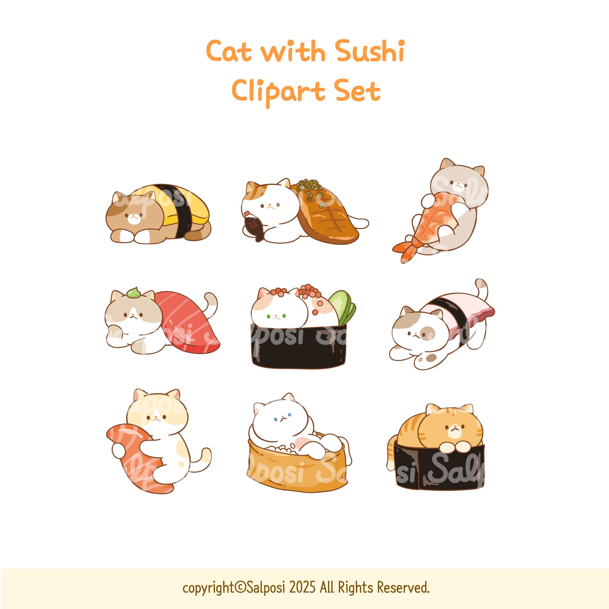 Cat Clipart, Sushi Clipart, Japanese Food Clipart, Kawaii Clipart, Cat ...