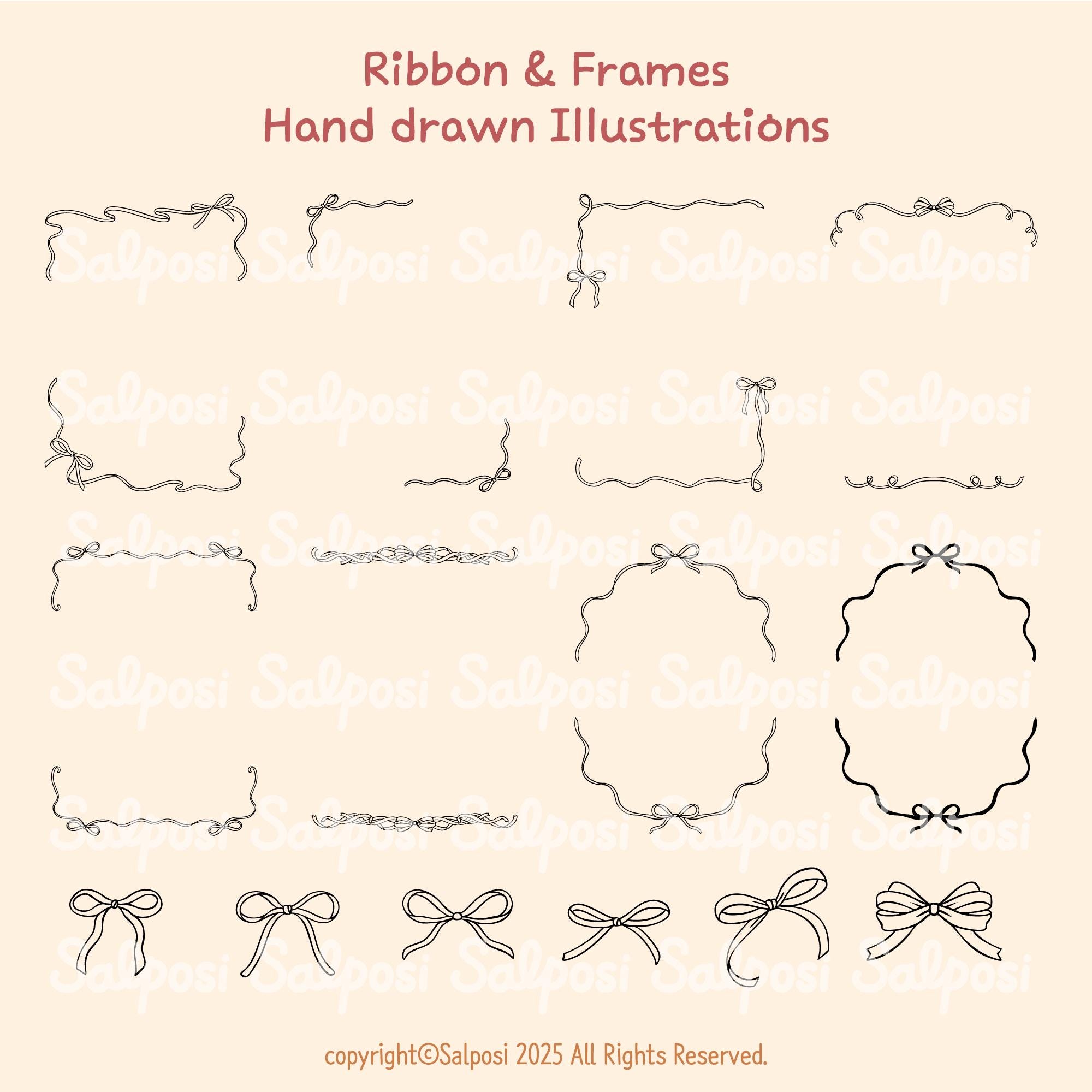 Hand Drawn Bow Frame Clipart, Ribbon Bows Clipart, Whimsical Frames PNG ...