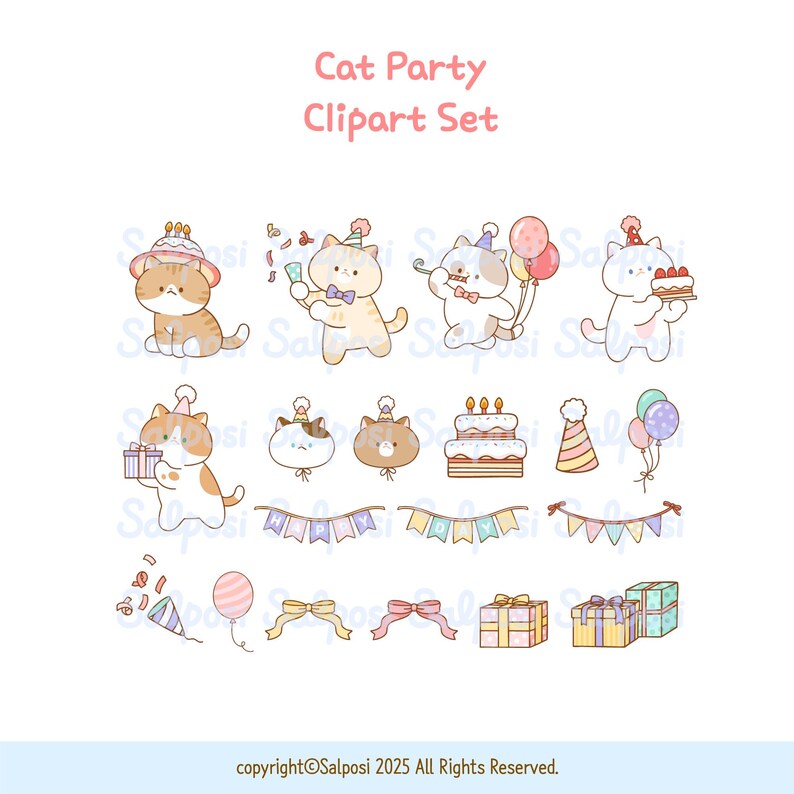 Cat Party Clipart, Birthday Party Clipart, Birthday PNG, Cat PNG, Cat ...