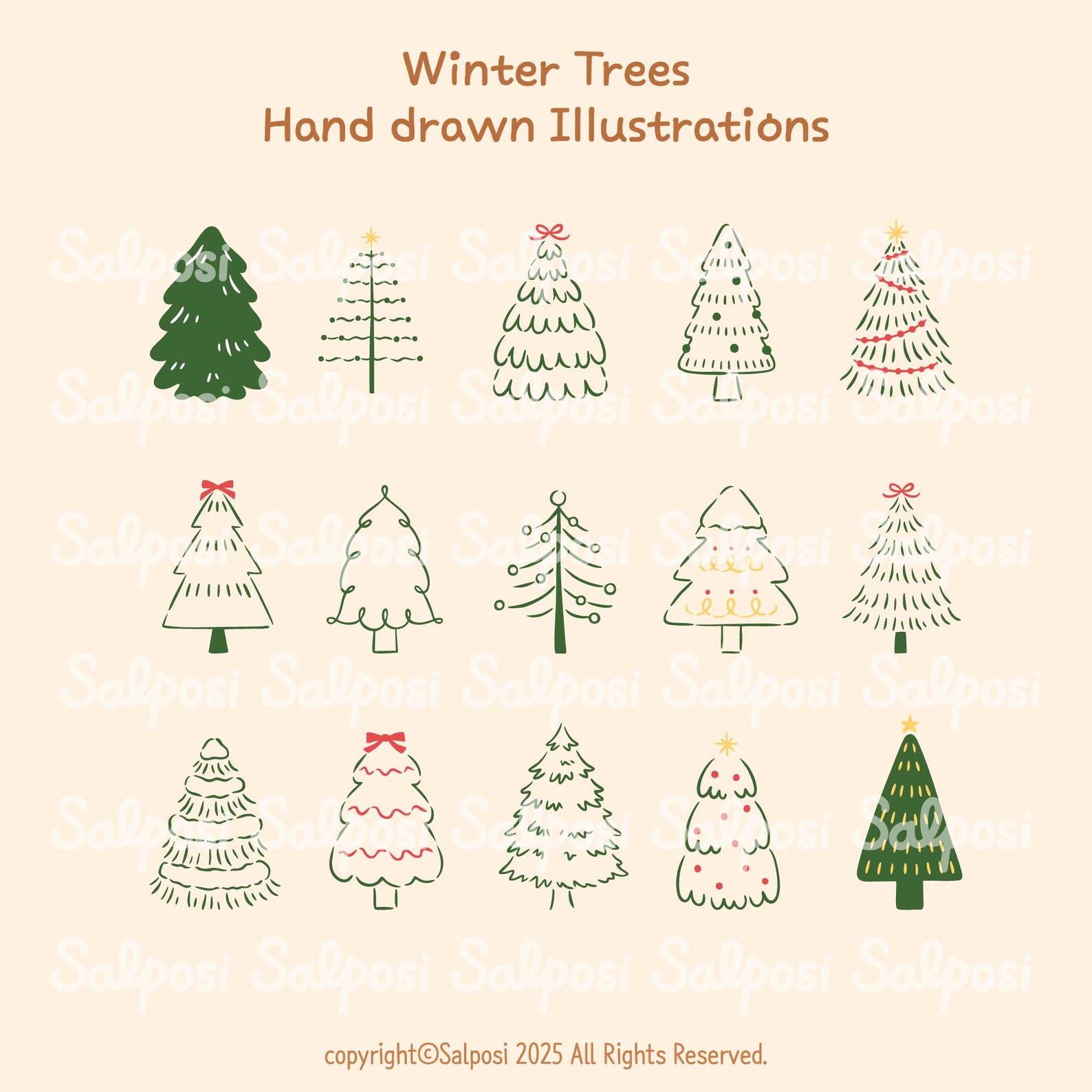 Winter Tree Hand Drawn Clipart, Hand Drawn Doodles, Christmas Tree ...