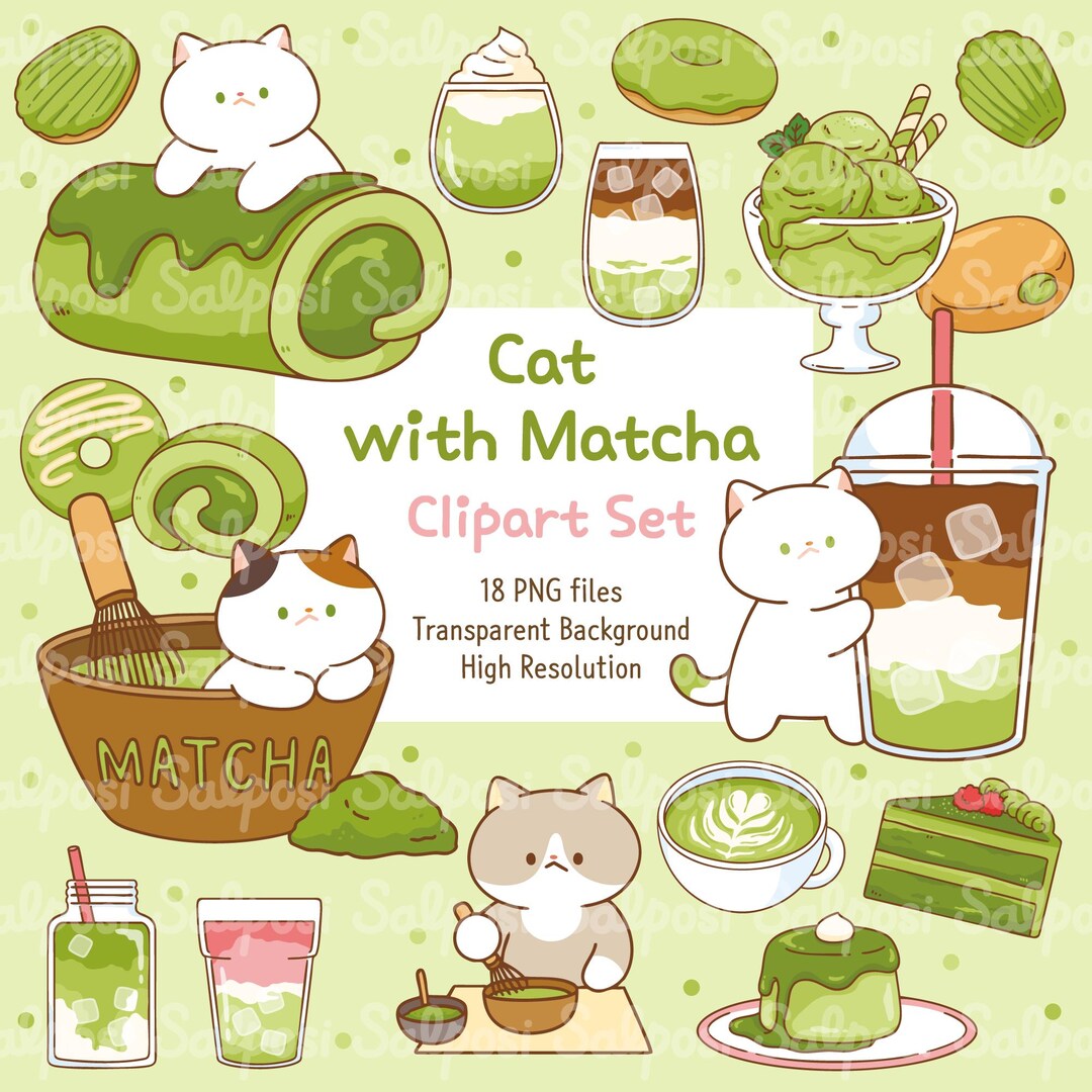 Green Tea Clipart, Matcha Clipart, Green Tea Dessert, Cat PNG, Matcha ...