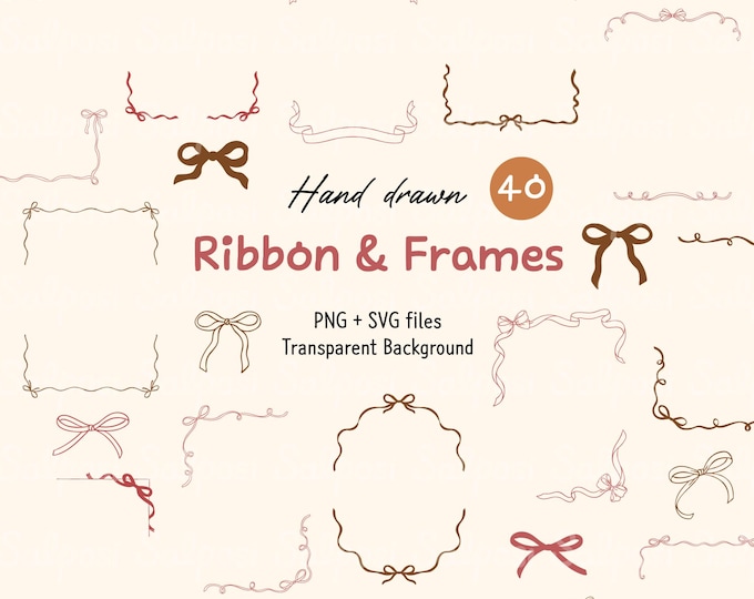Bows Ribbon Frame Clipart, Bow Frame Clipart, Grandmillennial Clipart ...