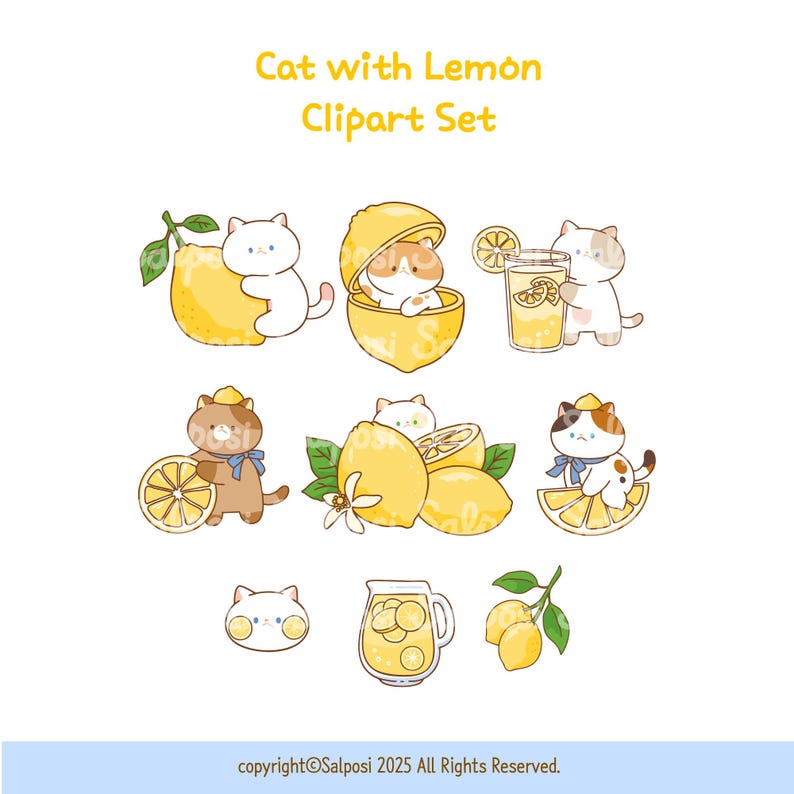 Cat Clipart, Lemon Clipart, Summer Clipart, Kawaii Clipart, Cat PNG ...