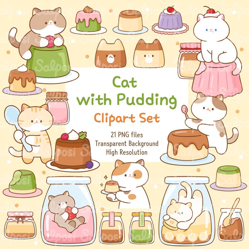 Cat With Pudding Clipart, Pudding Clipart, Dessert PNG, Cute Cat ...
