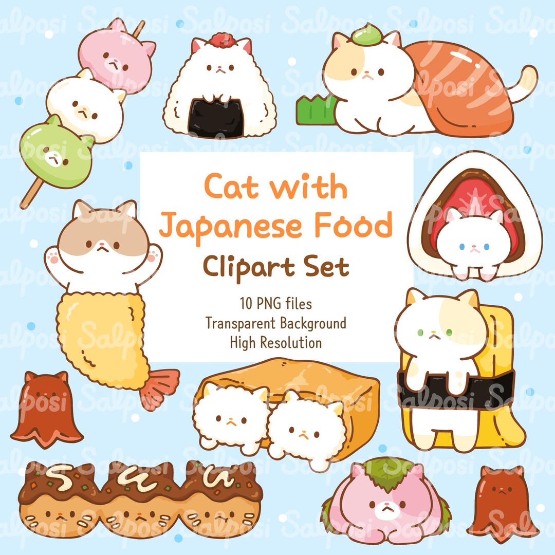 Cat Clipart, Japanese Food Clipart, Cute Cat Clipart, Cat PNG, Kitten ...