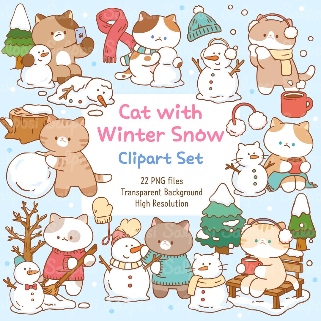 Cat With Winter Snow Clipart, Winter Clipart, Snow Clipart, Snowman ...