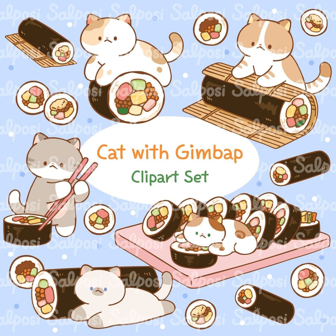 Cat Clipart, Korean Food Clipart, Gimbap Clipart, Cute Cat Clipart ...
