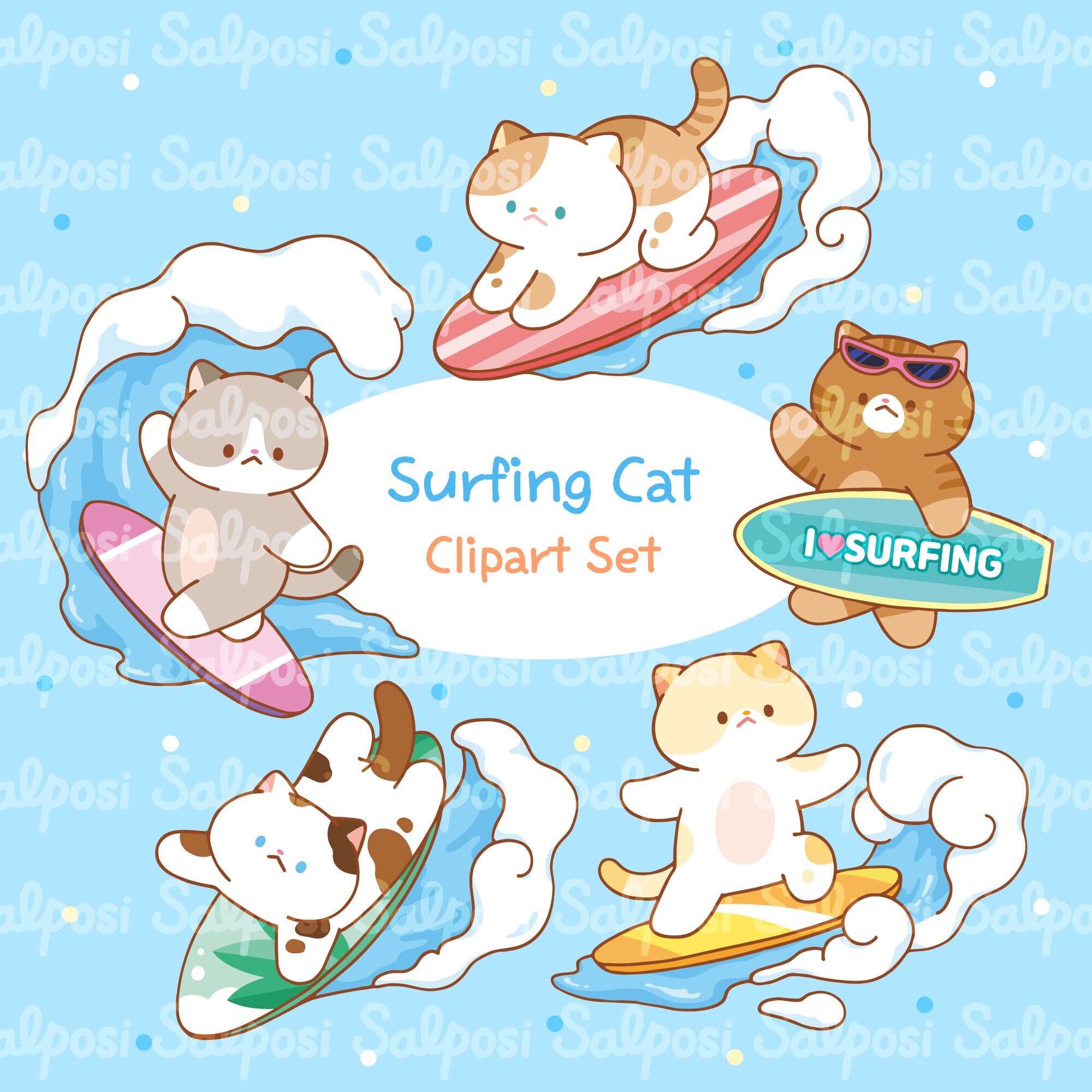 Cat Clipart, Surfing Clipart, Summer Clipart, Surfing Cat, Cat PNG ...