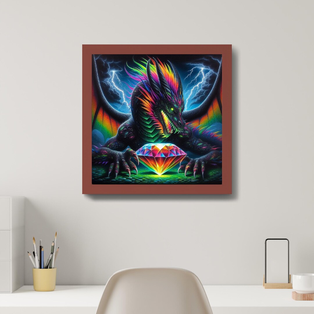 Vivid Rainbow-scaled Dragon Guarding a Brilliant Crystal Gem Wall Art ...