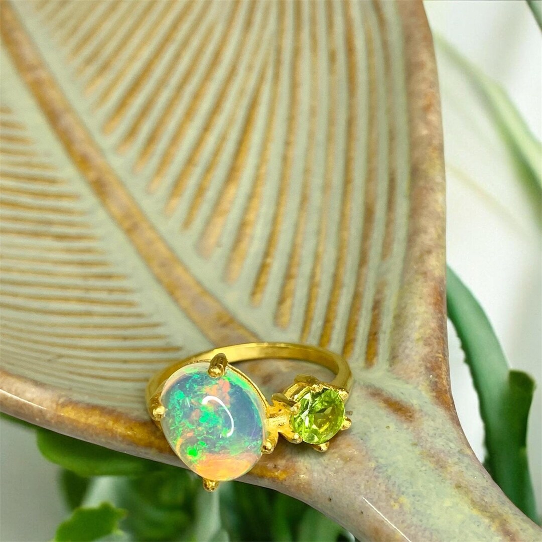 Multi Fire Opal and Peridot Unique Ring. 14k Gold Opal Ring. October ...