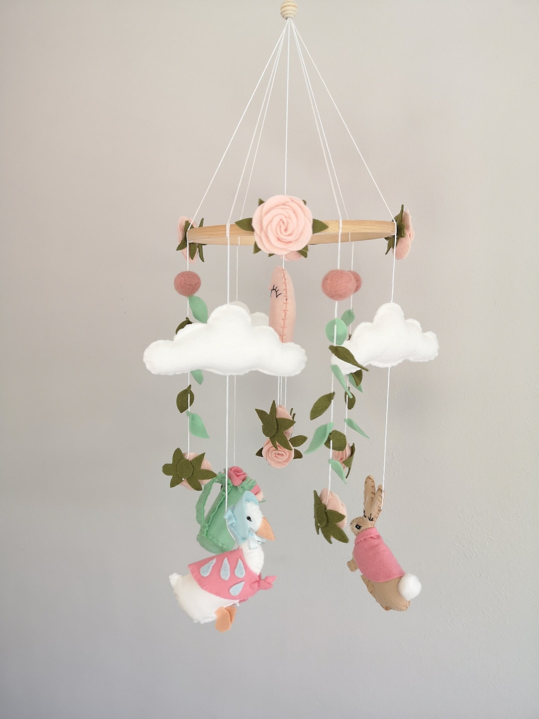 Bunny Rabbit Mobile, Bunny Themed Nursery, Rabbit Mobile With Roses ...