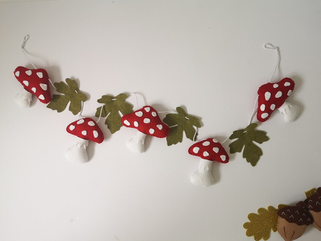 Toadstool Garland With Leaves, Mushroom Bunting for Nursery, Woodland ...
