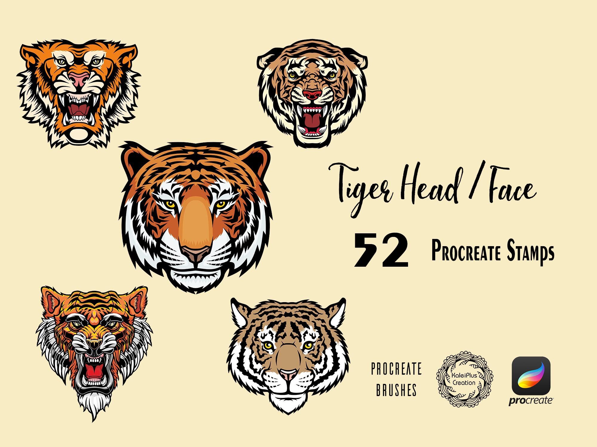 Tiger Head Procreate Stamps Brushes,tiger Tattoo Brushsets Pack, Tiger ...