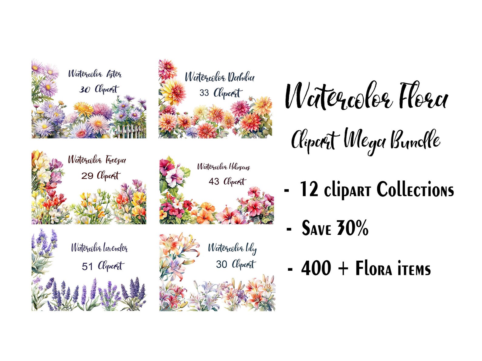 Flower Watercolor Clipart Design Bundle, Flower Clipart Collections ...