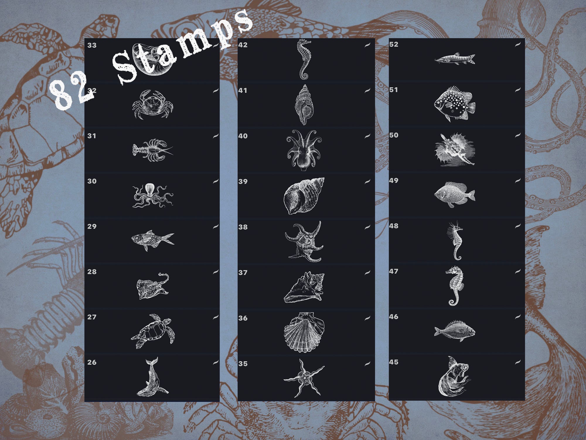 Ocean Animal Procreate Brushes Stamps, Woodcut Ocean Creature Procreate ...