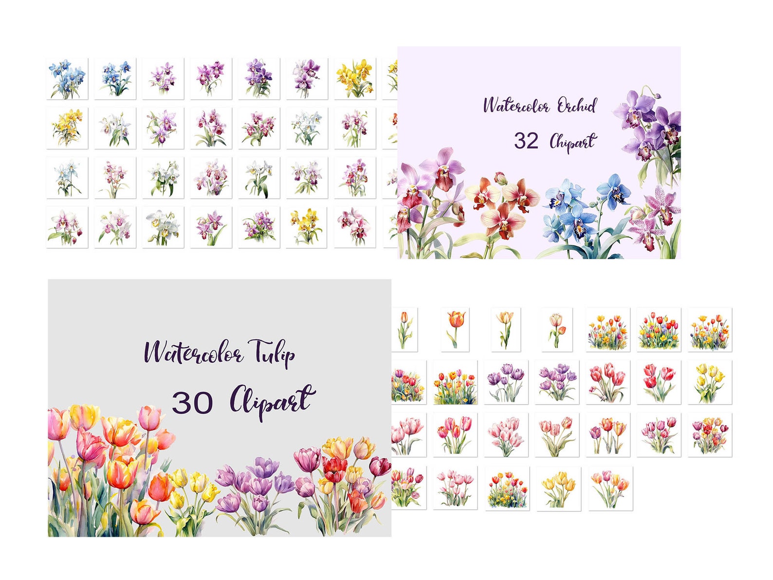 Flower Watercolor Clipart Design Bundle, Flower Clipart Collections ...