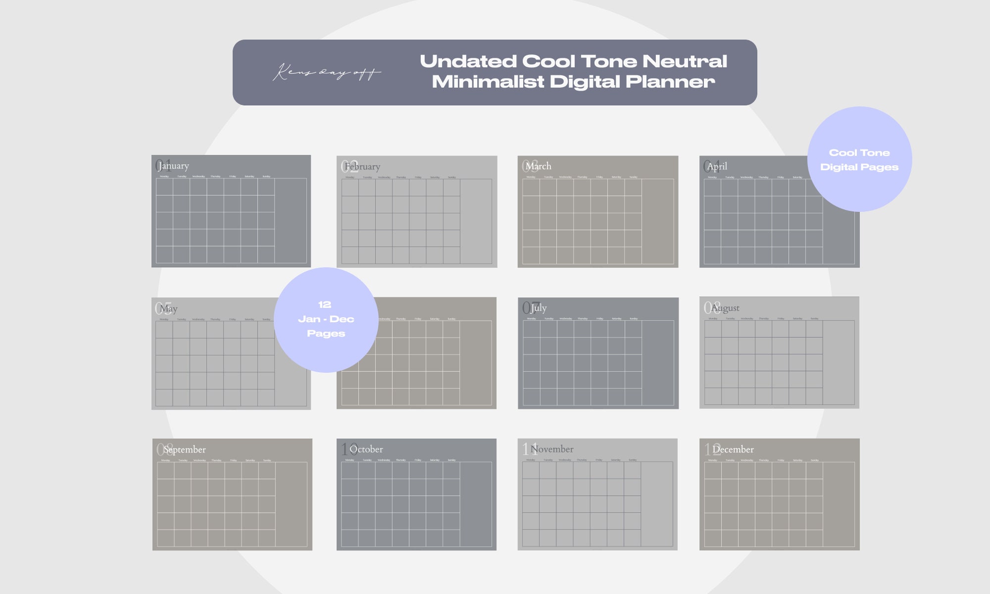 Undated Monthly Digital Planner Neural Cool Tone Digital Calendar ...