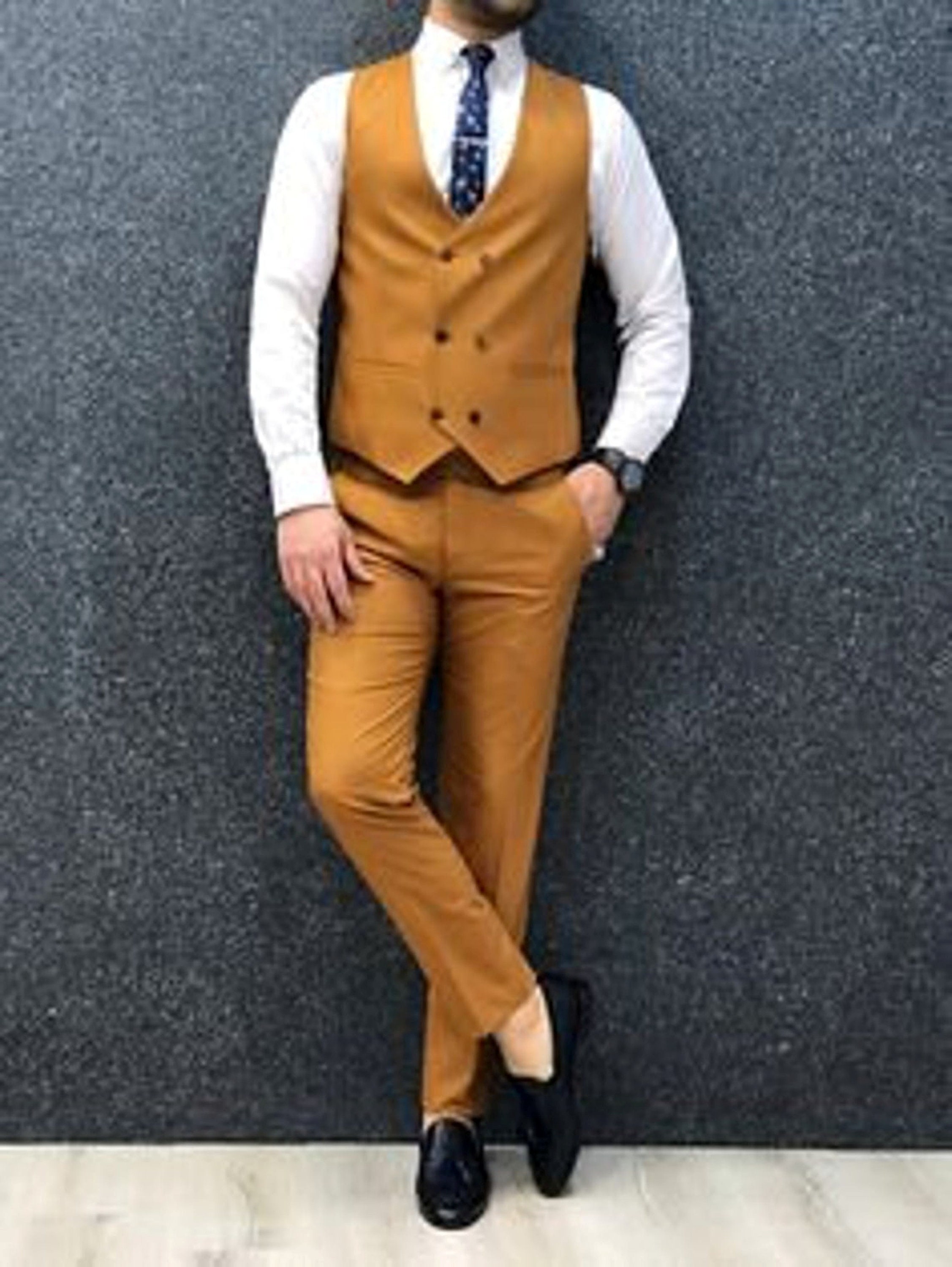 Men Suits Mustard Wedding Suit 3 Piece Groom Wear One Button Etsy