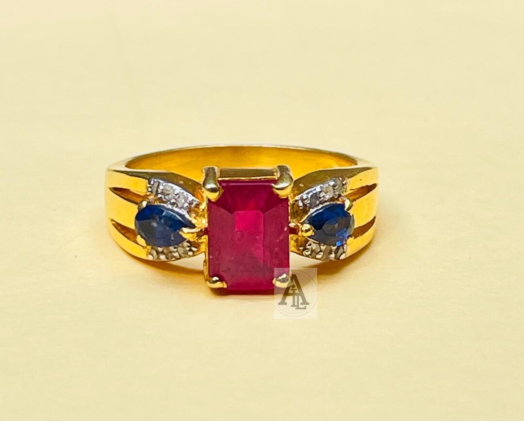 Ruby, Natural Flat Cut Diamonds, 925silver'' Gold Plated, Blue Sapphire ...