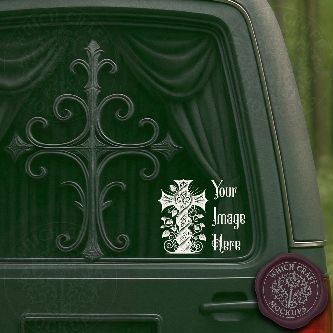 Gothic Hearse Window Mock Up, Dark Back Window Sticker Scene, Wrought ...