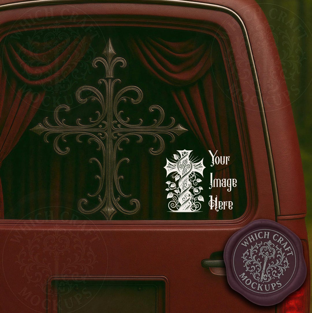 Gothic Hearse Window Mock Up, Dark Back Window Sticker Scene, Wrought ...