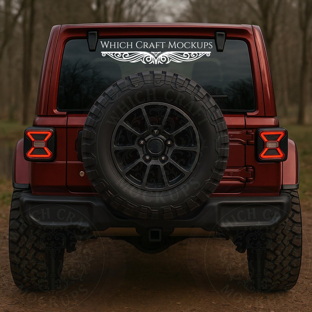 Metallic Red Off-road Vehicle Rear Window Mock Up, Spare Tire Scene ...
