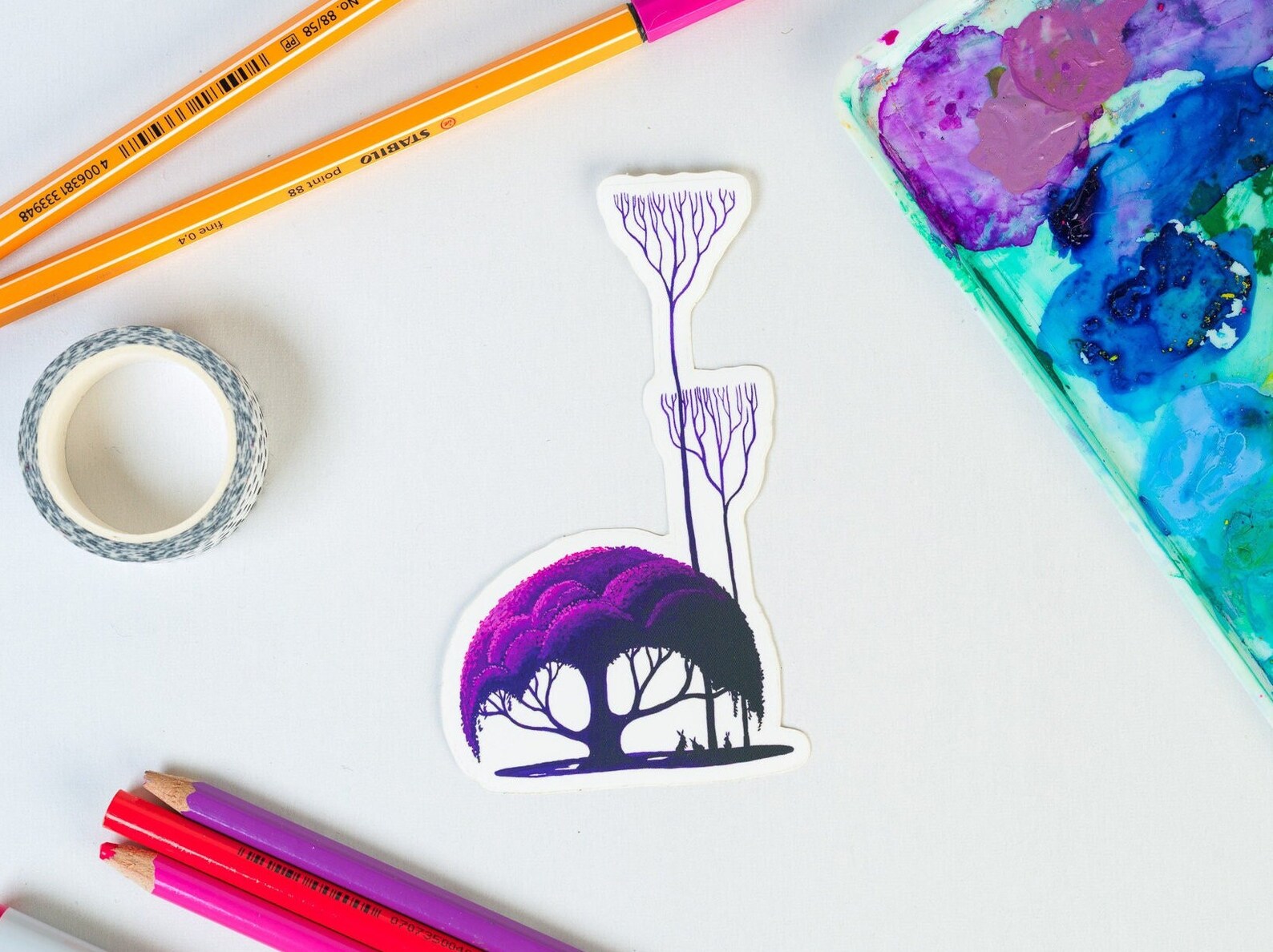 Eyvind Earle Inspired Trees With Rabbits - Vinyl Water Resistant ...