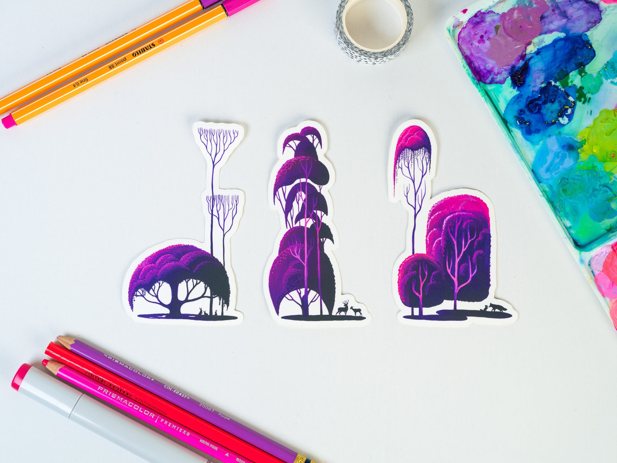 Eyvind Earle Inspired Trees With Rabbits - Vinyl Water Resistant ...