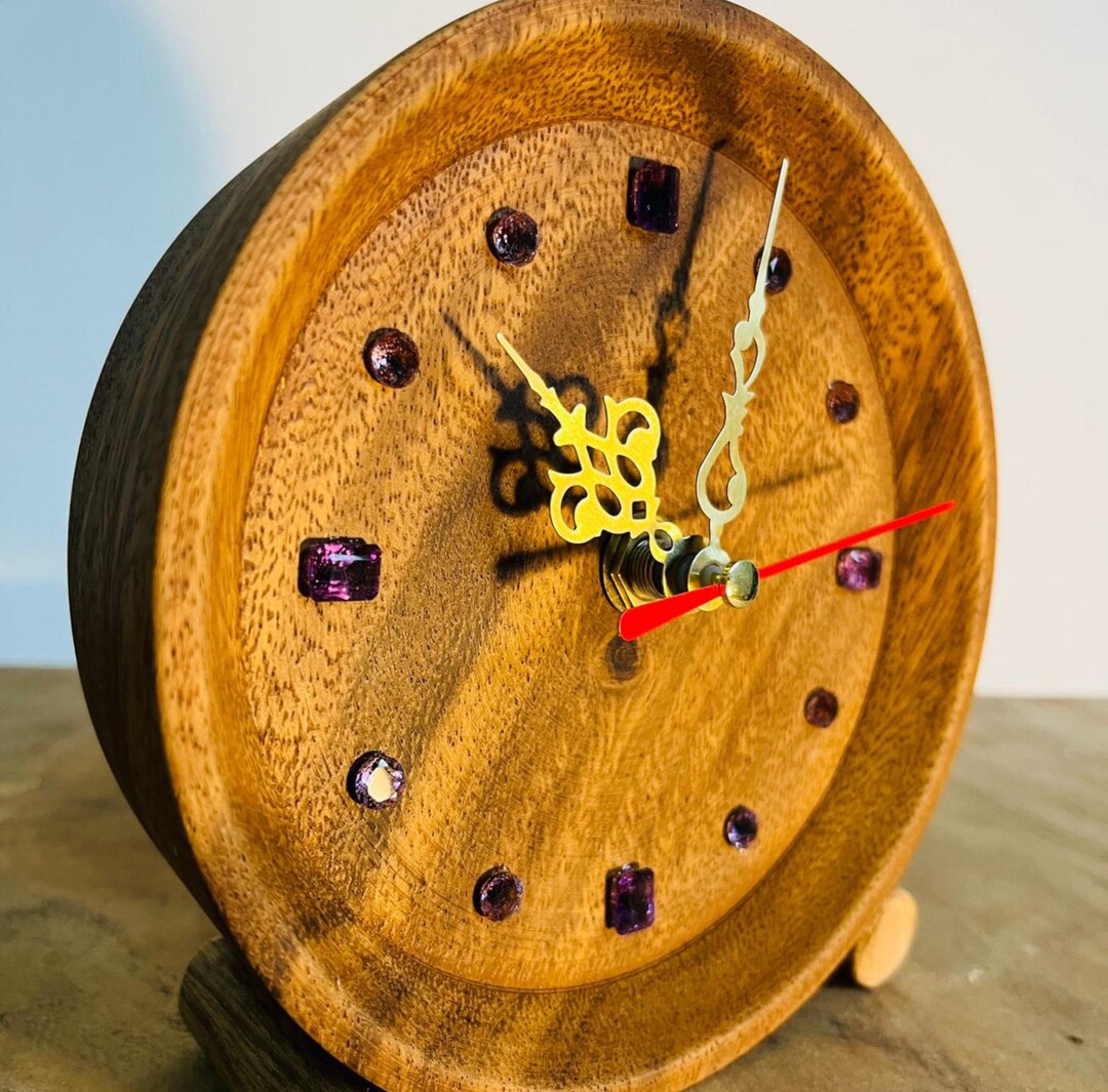 Birth Month Gemstone Wooden Bedside Clock, Table Clock, Small Wooden Clock, Customizable Wooden ...