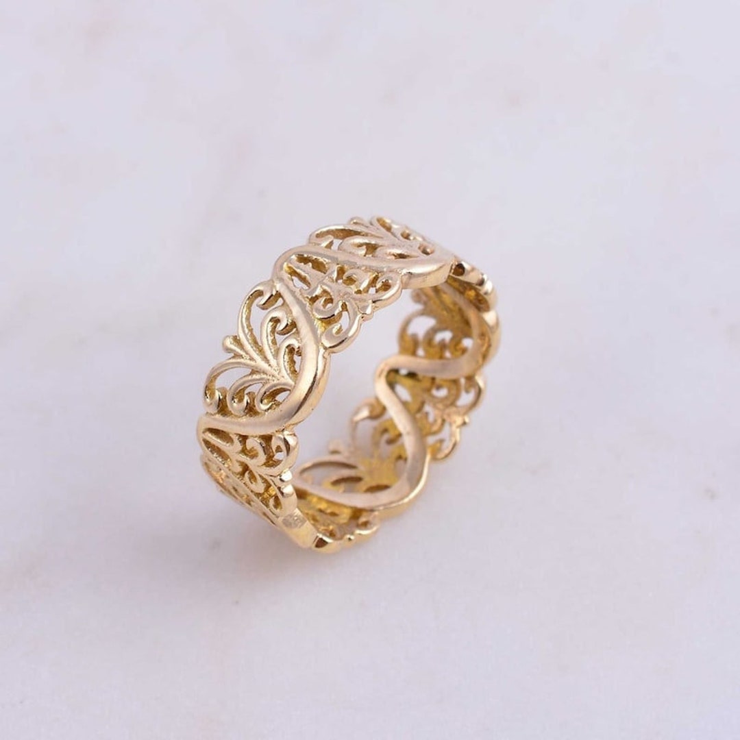 18K Gold Filigree Ring, Gold Floral Band, Handmade Ring, Vintage Ring ...
