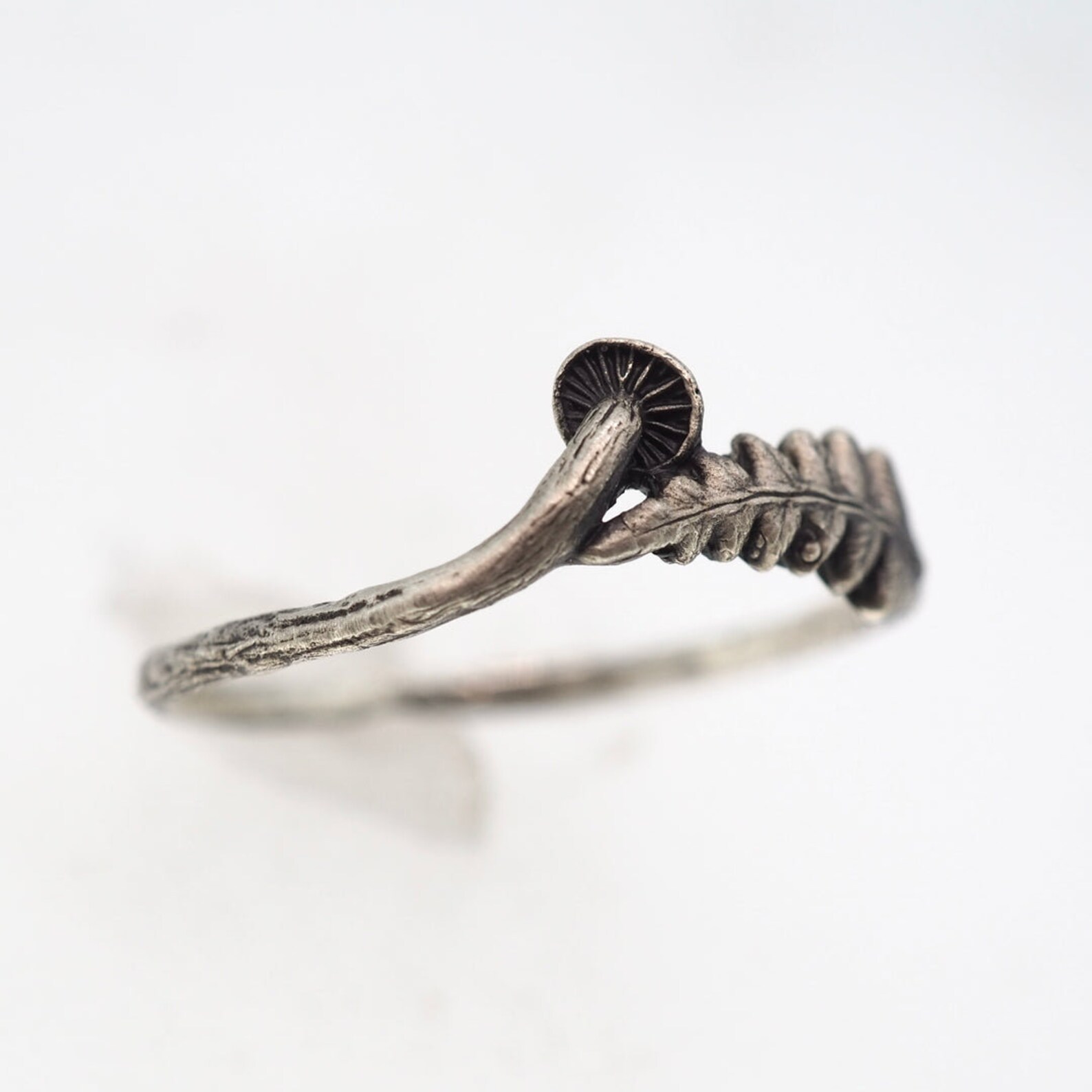 Tiny Mushroom and Fern Ring, Handmade Ring, Silver Ring, Vintage Rings ...