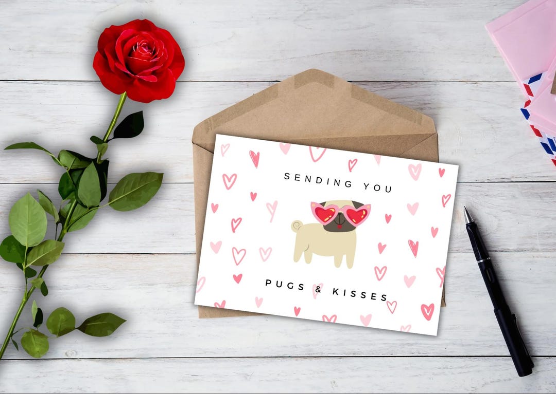 Adorable pugs & Kisses Valentines Day Card Instant Download and ...