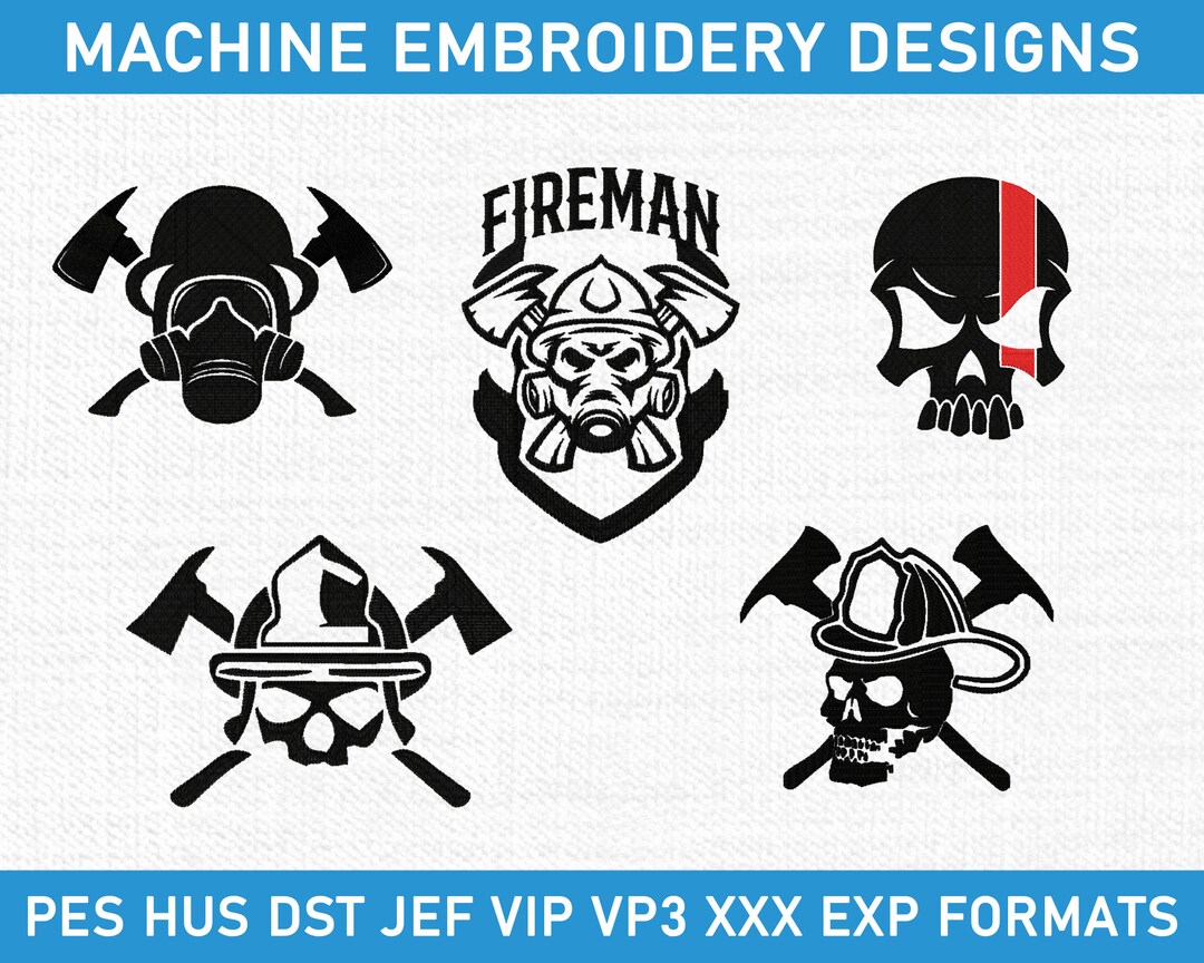 Fireman Skull Embroidery, Firefighter Skull Embroidery Design ...