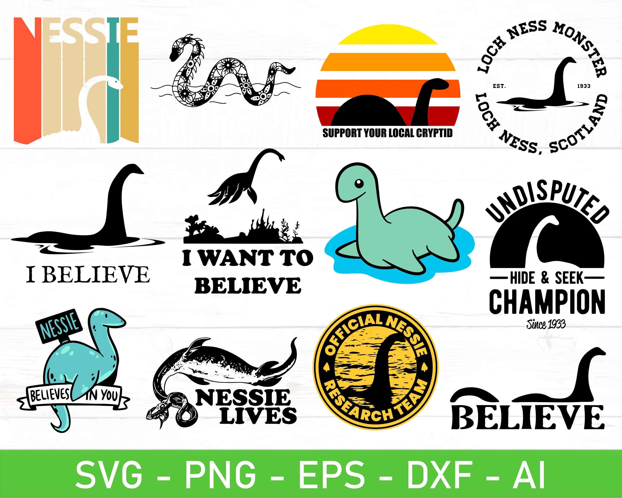 Loch Ness Monster SVG Bundle, Nessie Svg, Eps, Dxf, Ai, Png, Files for ...