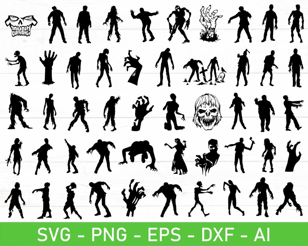 50 Zombie SVG Designs, Zombie SVG, Zombie Silhouette, Eps, Dxf, Ai, Png ...