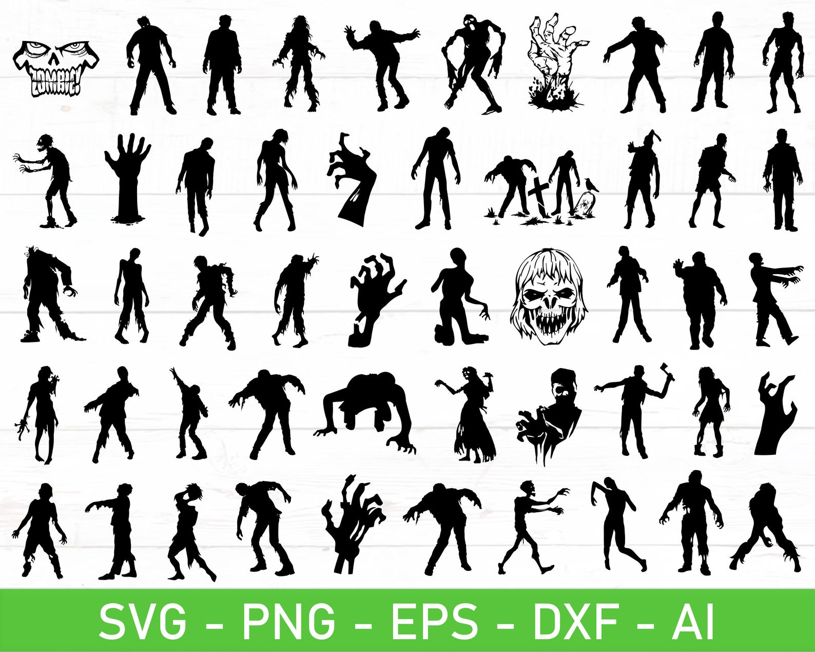 50 Zombie SVG Designs, Zombie SVG, Zombie Silhouette, Eps, Dxf, Ai, Png ...