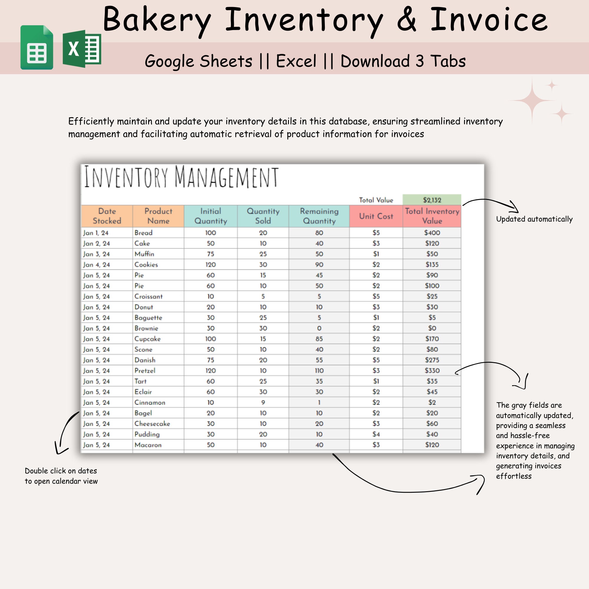 Plantilla de factura de panadería Excel Hojas de cálculo para negocios ...