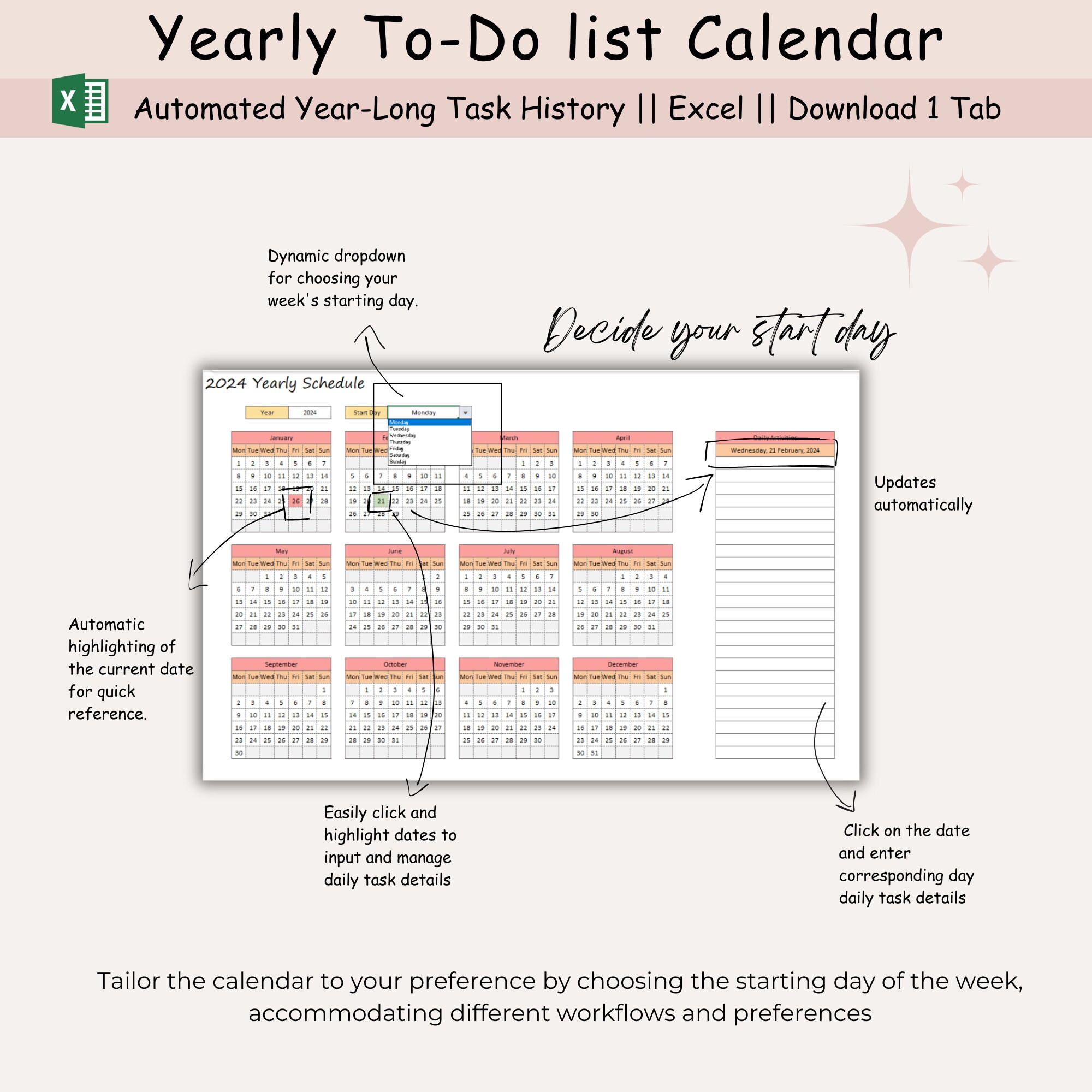 2024 Calendar Excel Template to Do List Spreadsheet Digital Calendar ...