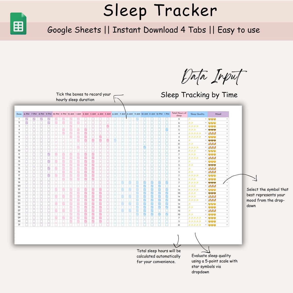 Sleep Tracker Spreadsheet Yearly Sleep Tracker Monthly Sleep Diary ...