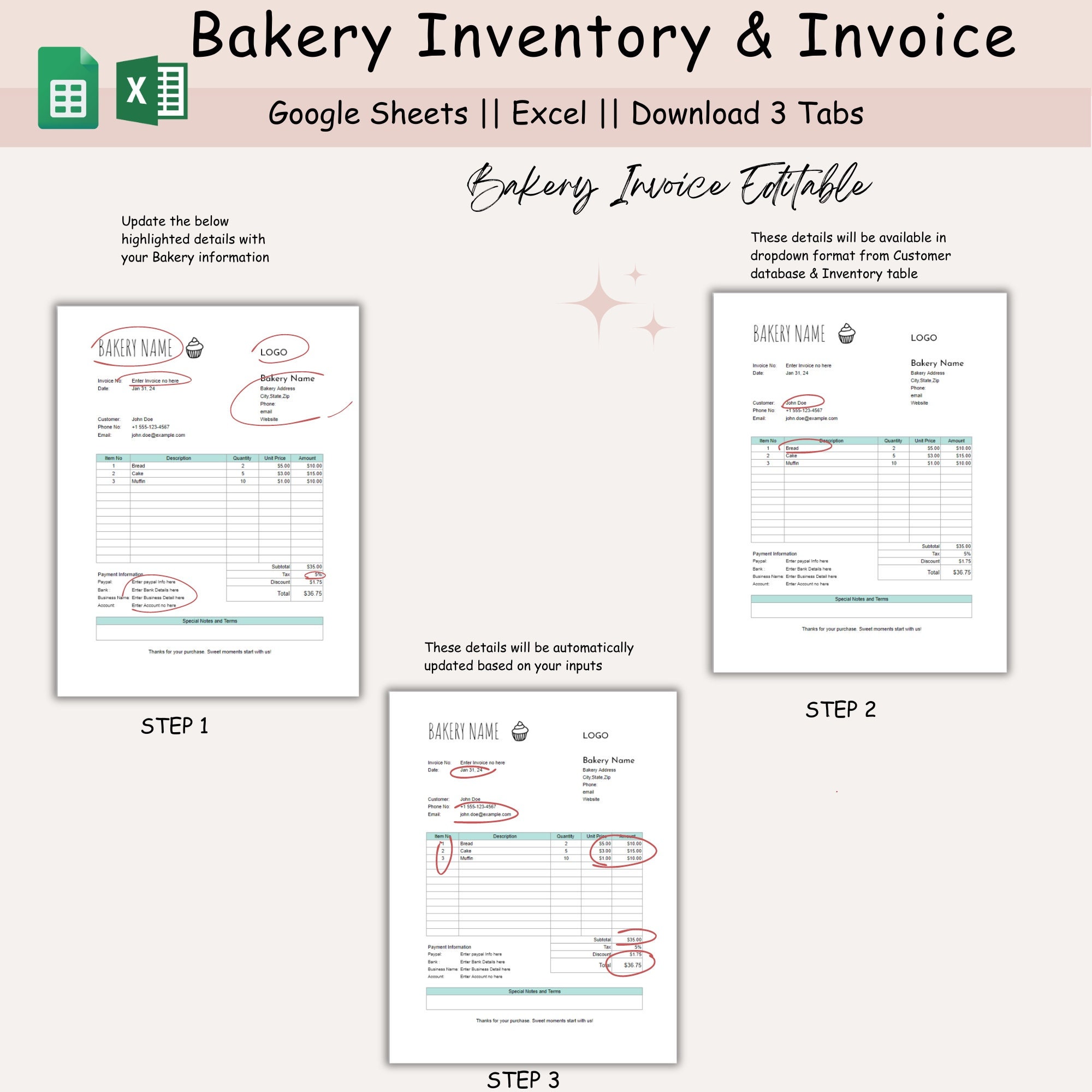 Plantilla de factura de panadería Excel Hojas de cálculo para negocios ...
