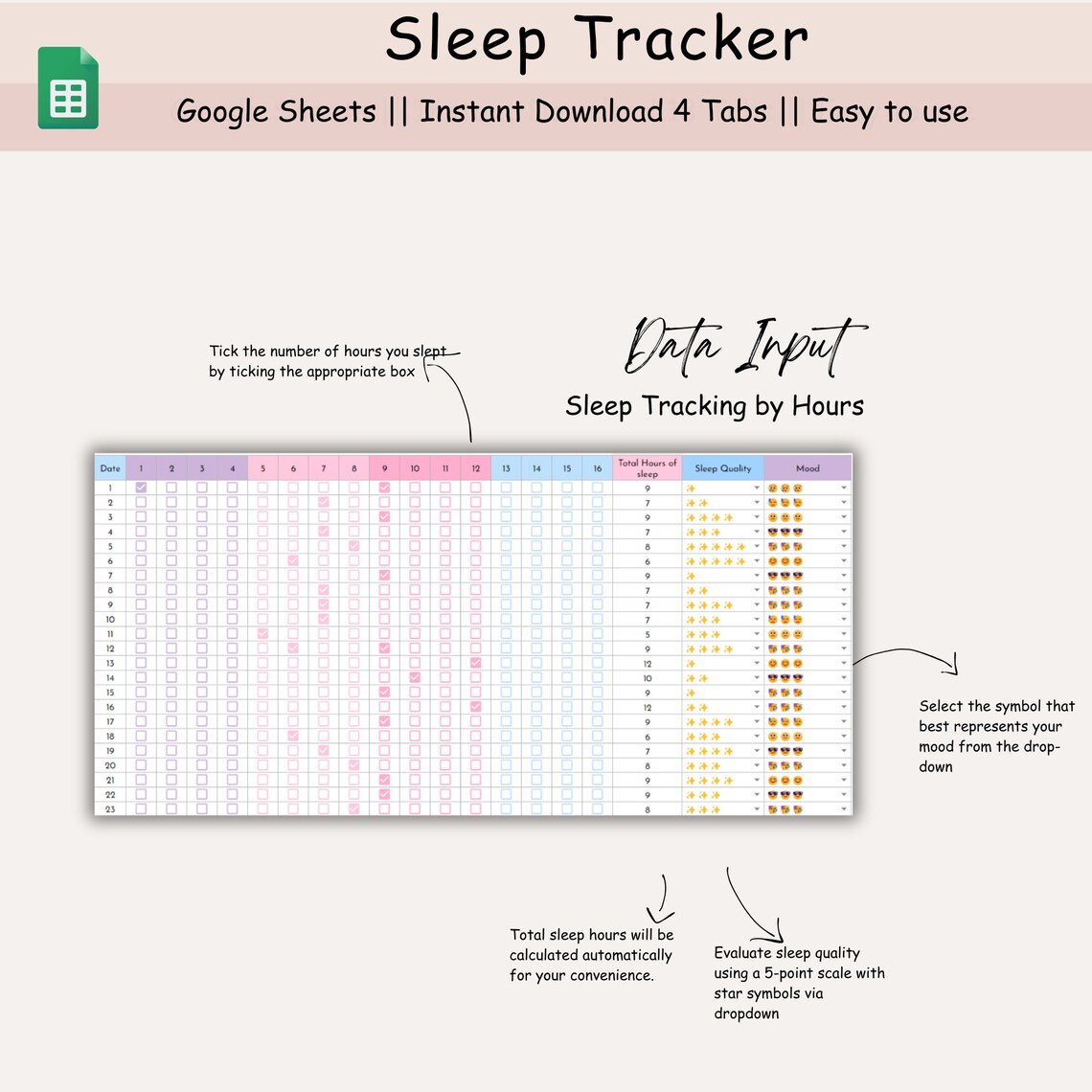 Sleep Tracker Spreadsheet Yearly Sleep Tracker Monthly Sleep Diary ...