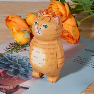 Roro Hand-carved Ginger Cat | Wooden Figurines | Wooden Animal | Home ...