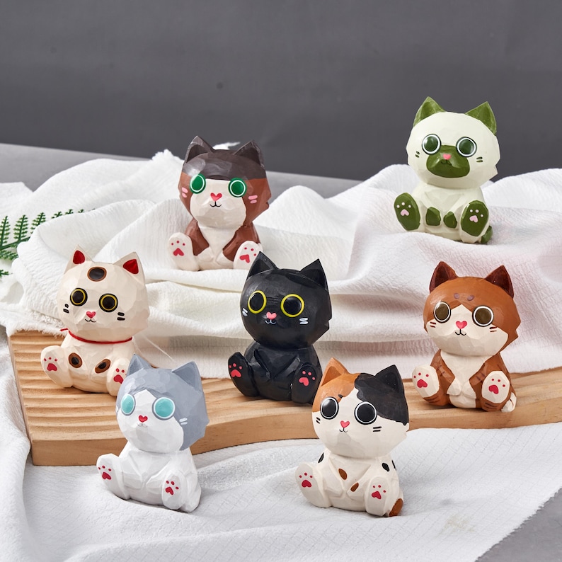 Chai Cat Carved Wooden Cat With Healing and Growth, Wooden Figurine ...