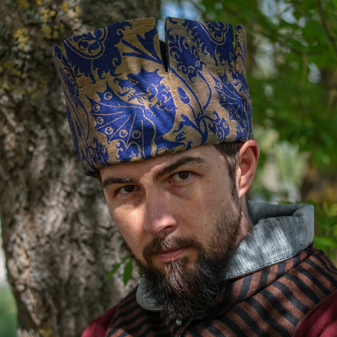 Patterned Crown Hat - Brocade & Felted Wool - Medieval Hat for Men ...