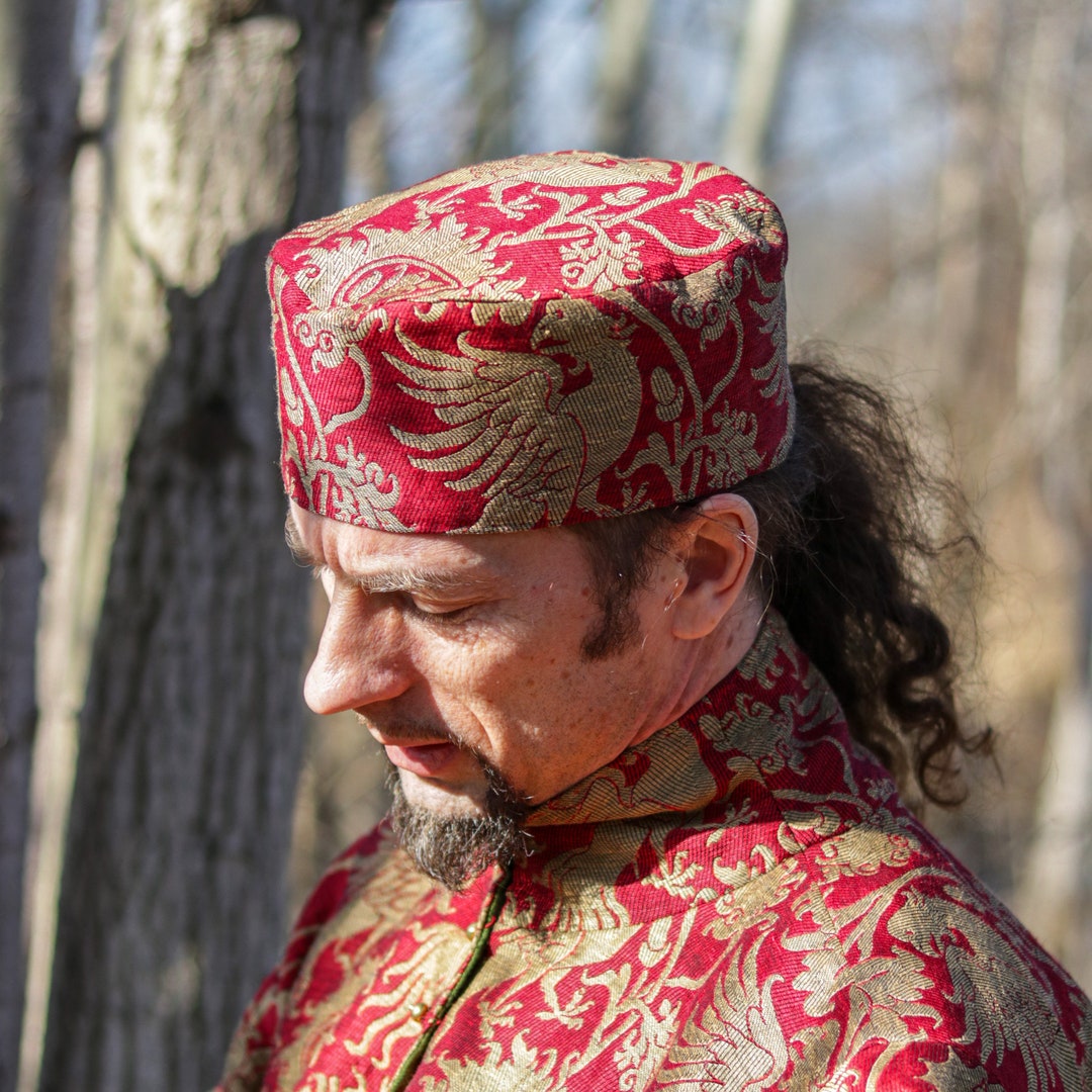 Brocade Hat - Handmade - Patterned Medieval Round Cap - Medieval ...