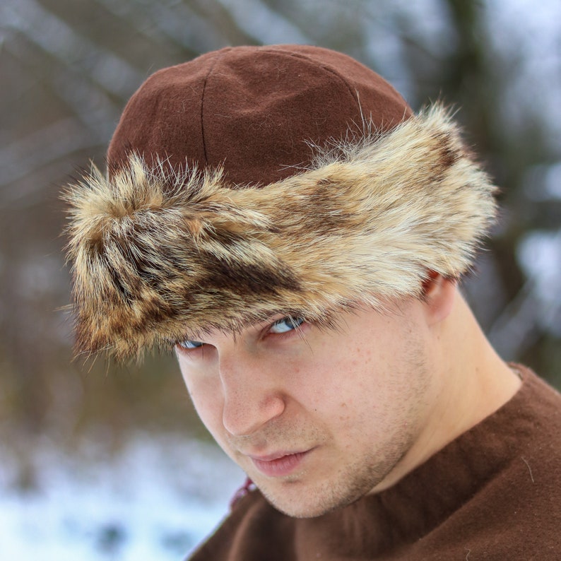 Early Medieval Round Birka Hat Wool & Natural Fur Trim Handmade for Men ...
