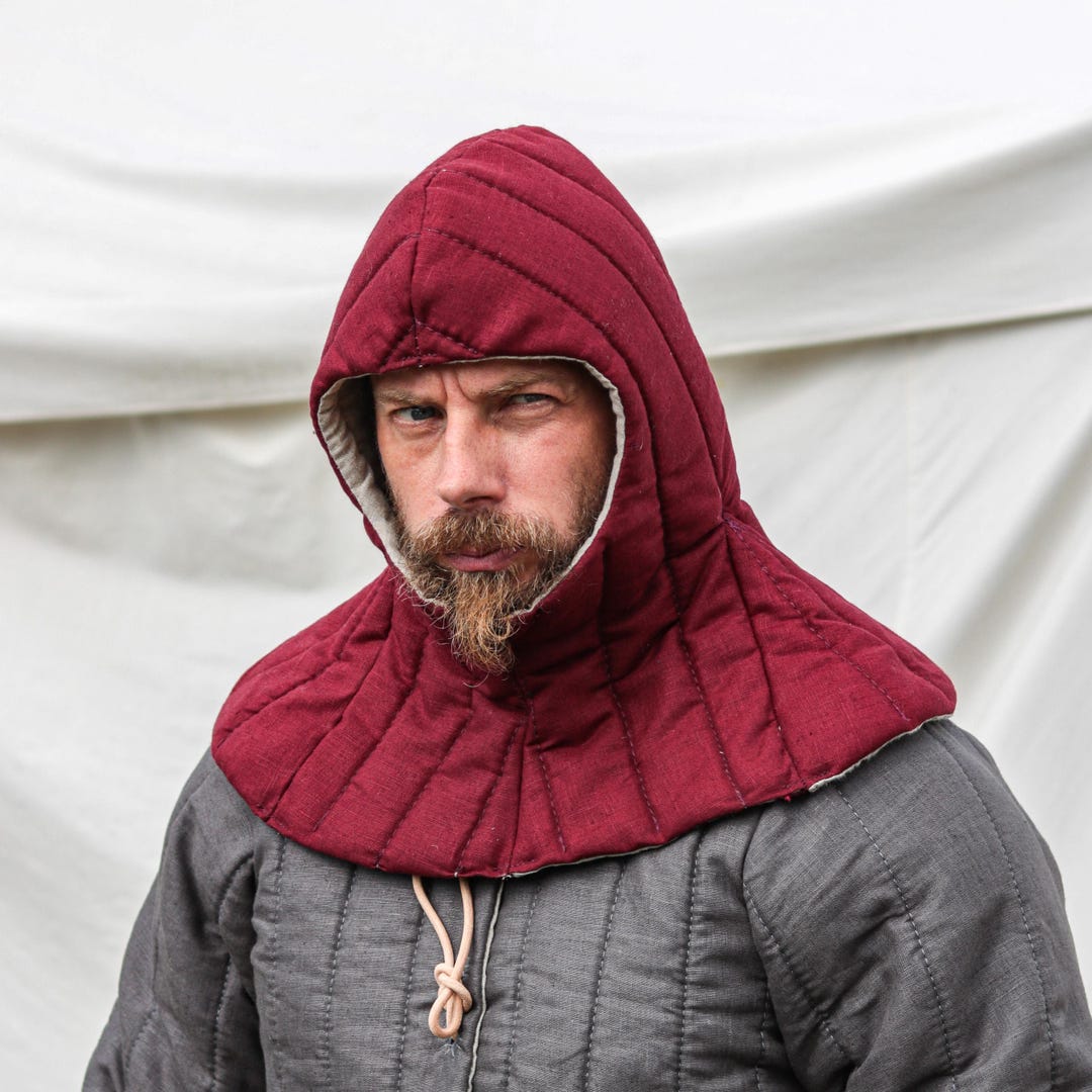 Medieval Padded Hood for Helmet, Chainmail - Oeko-tex Linen Arming Cap - Thick Quilted Collar ...