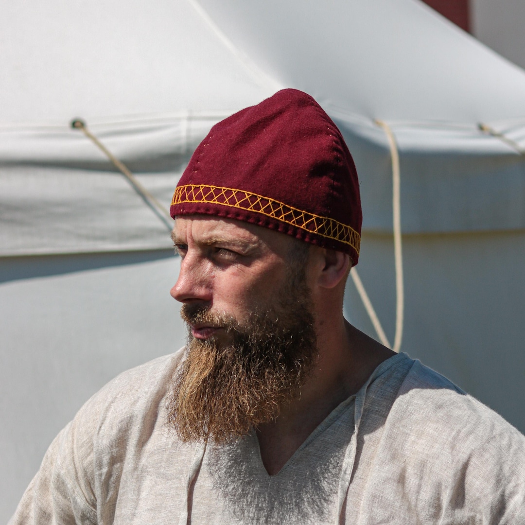 Medieval Woolen Cap Miro - Woolen Viking Hat - Headwear With Embroidery ...