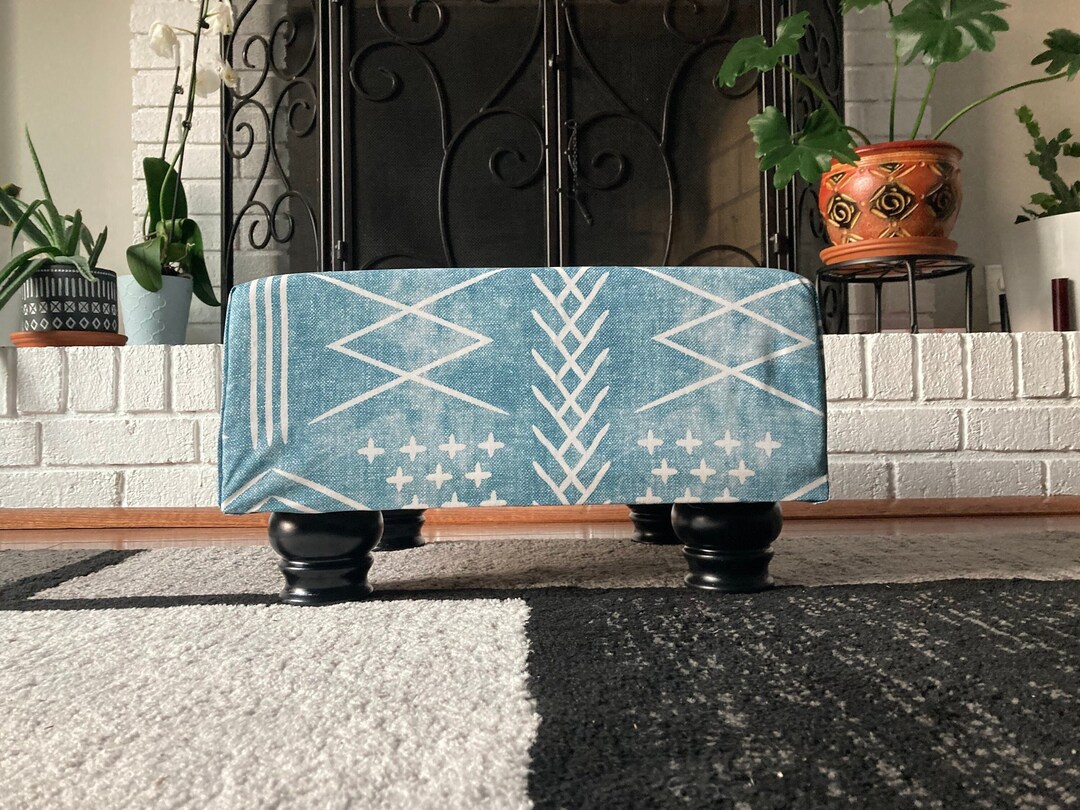 Dusty Blue Mud Cloth Arrow Stripes African Print Footstool, Boho ...